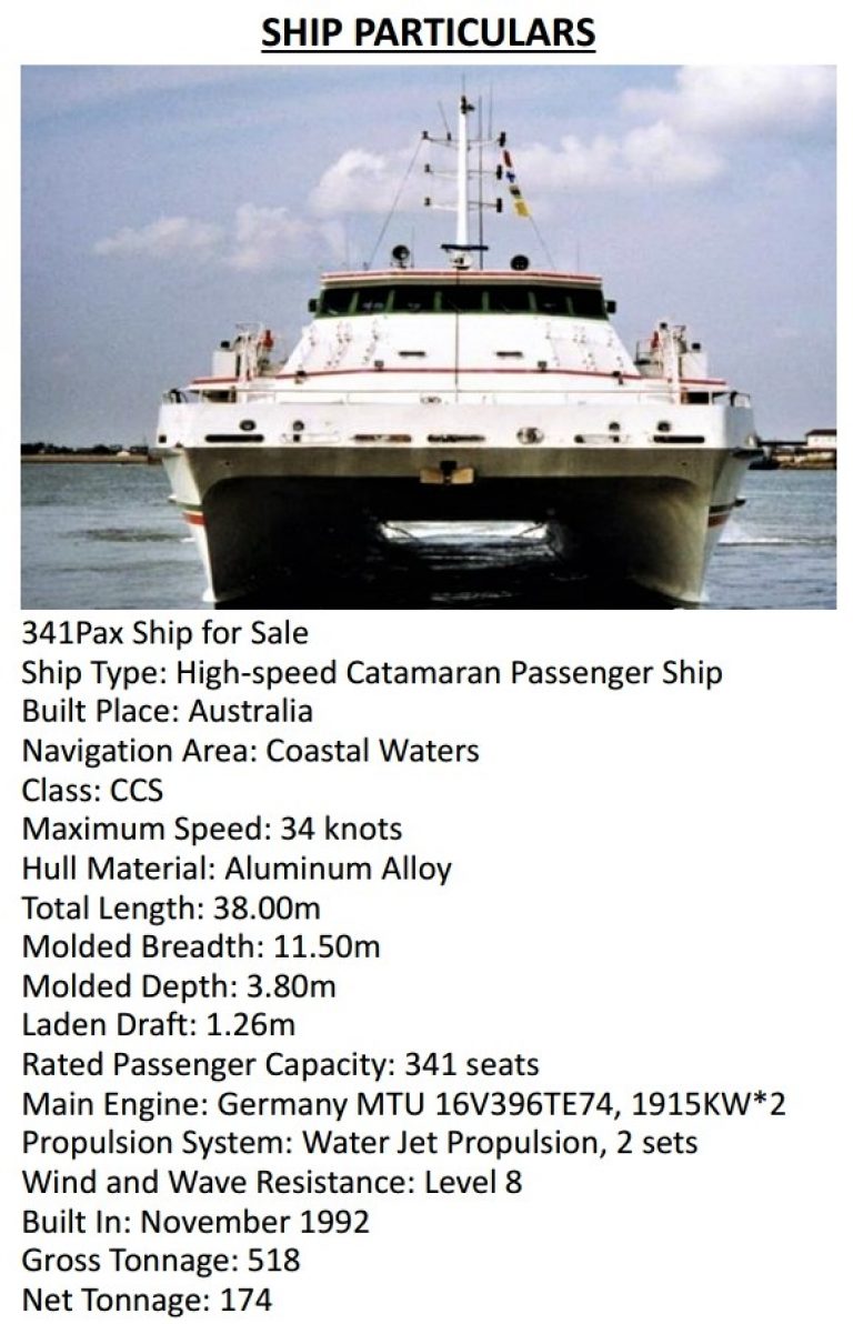 341 PAX PASSENGER SHIP FOR SALE – 1992 BLT AUS, 38m LOA, 34 KNOTS MAX ...