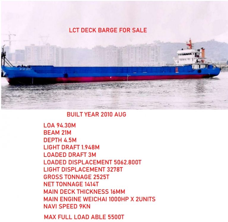 2010 BLT, 94.3m, 5K DWT, SPB, LCT FOR SALE – 9 KNOTS, 2000 BHP, FLAT ...